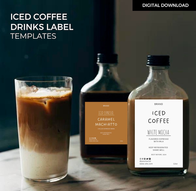 Editable Iced Coffee Bottle Labels Template Canva, Drinks Label Design ...