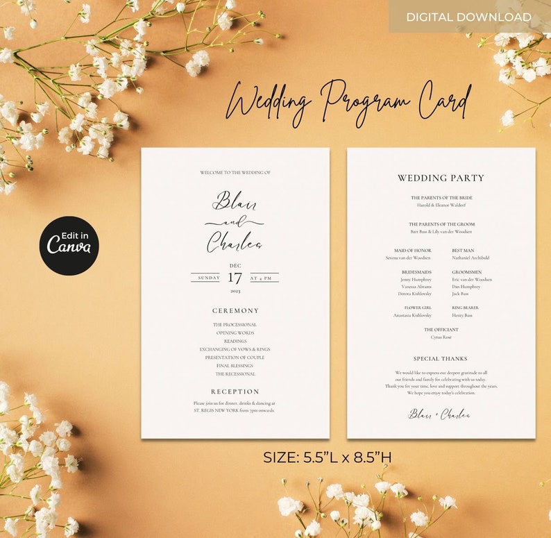 Editable Modern Wedding Program Card Template Canva, Printable Wedding ...