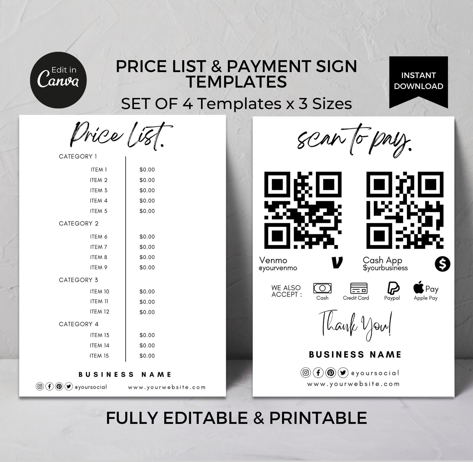 Price List Template Editable, Printable Payment Sign Card Set, Price ...
