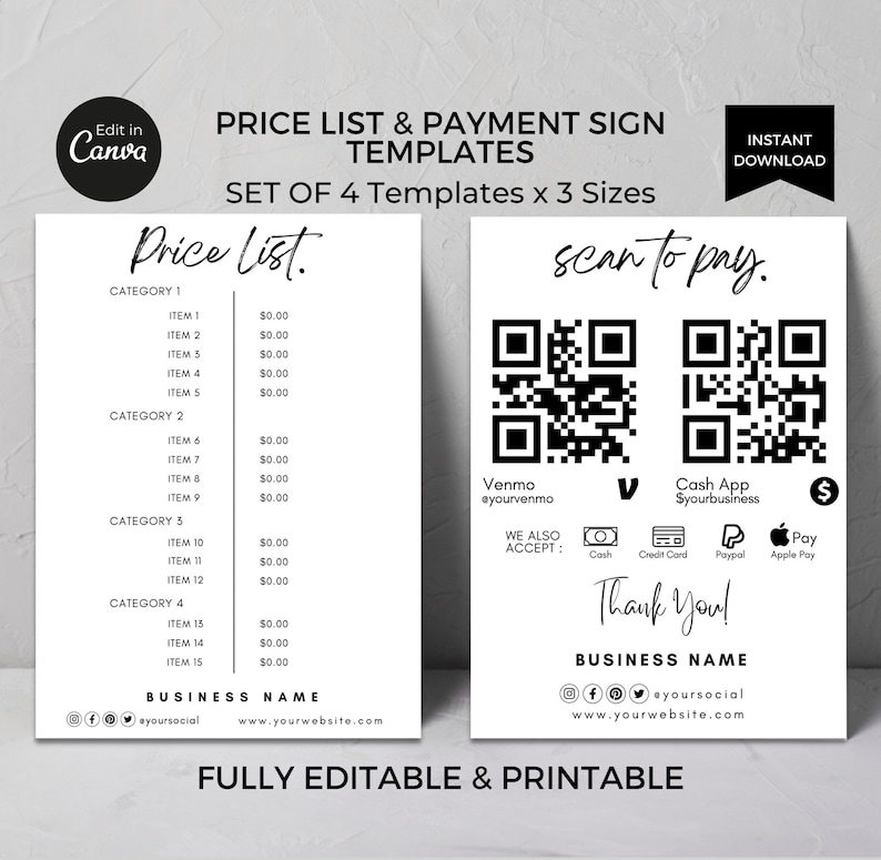 Price List Template Editable, Printable Payment Sign Card Set, Price ...