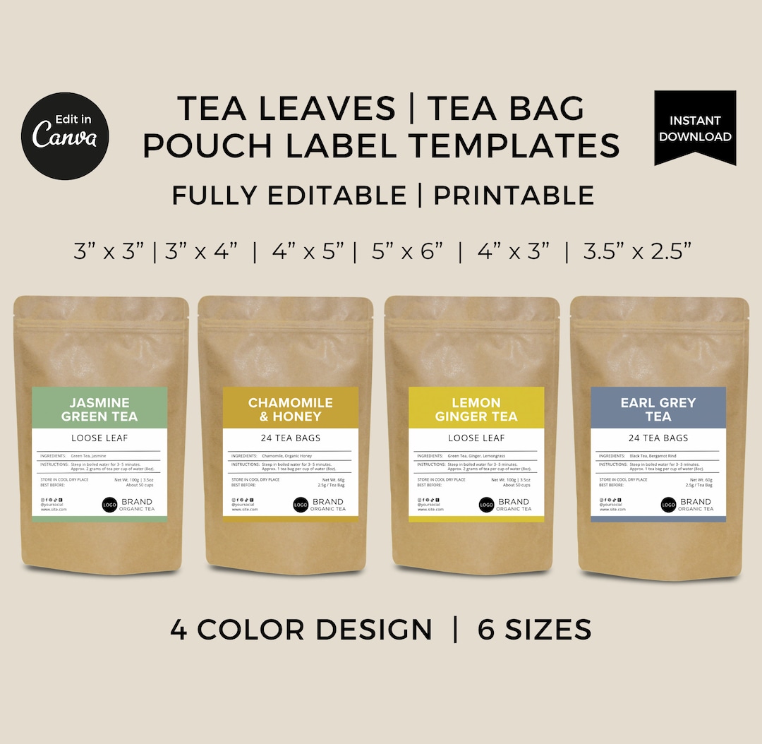 Tea Bag Labels Template Editable Canva, Minimalist Tea Pouch Label ...