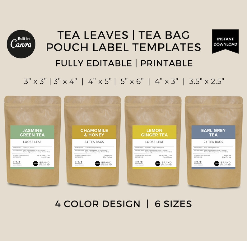Tea Bag Labels Template Editable Canva, Minimalist Tea Pouch Label ...
