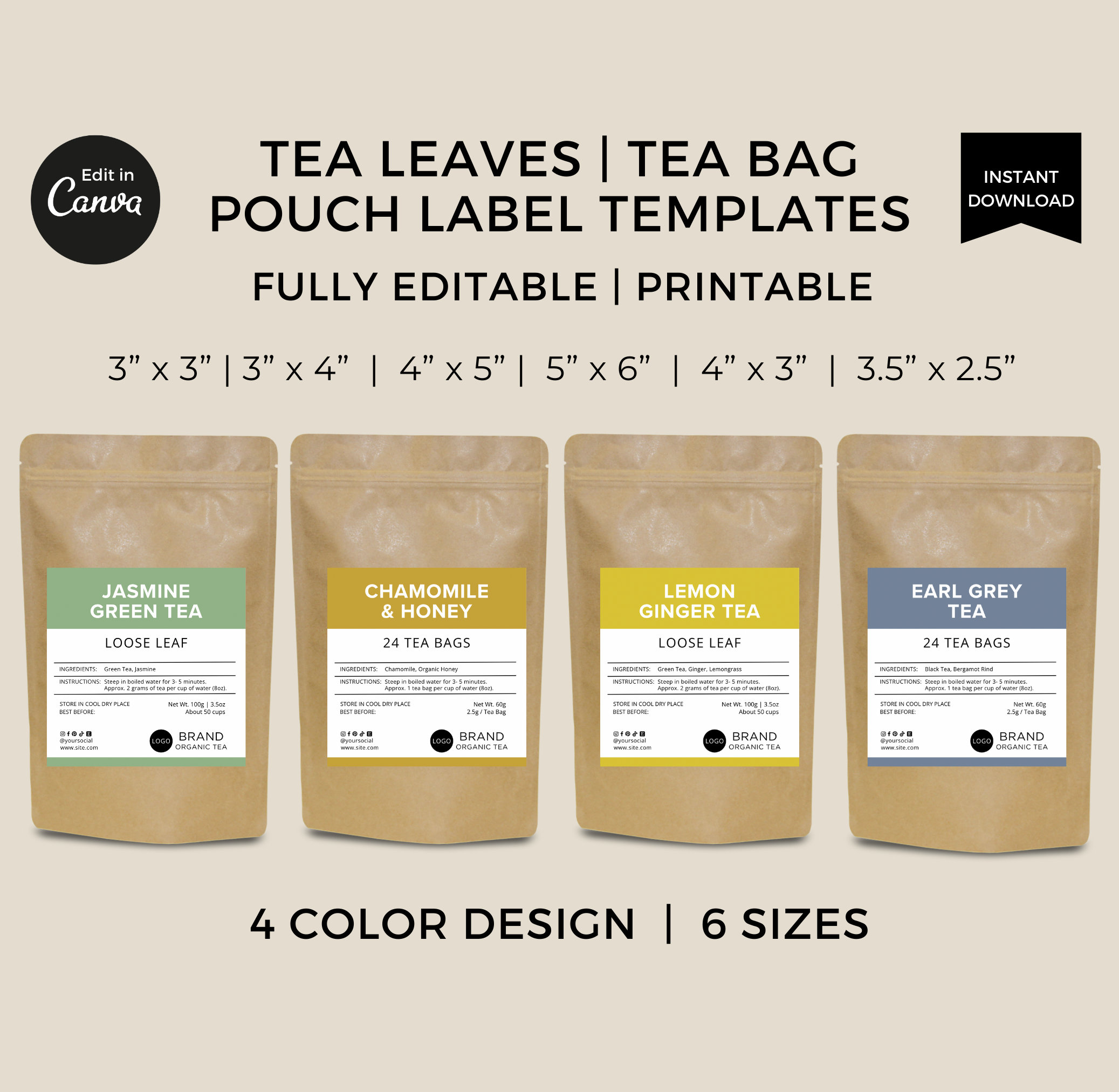 Tea Bag Labels Template Editable Canva, Minimalist Tea Pouch Label Stickers Printable, Custom ...