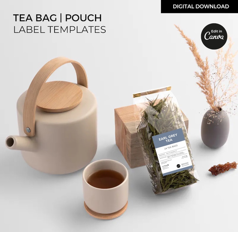 Tea Bag Labels Template Editable Canva, Minimalist Tea Pouch Label ...