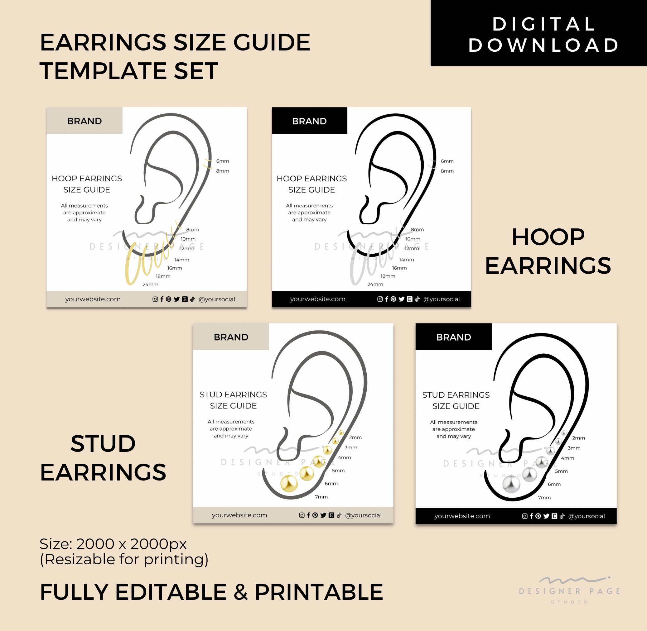 Editable Earrings Size Chart Template Canva, Printable Hoop Earrings ...
