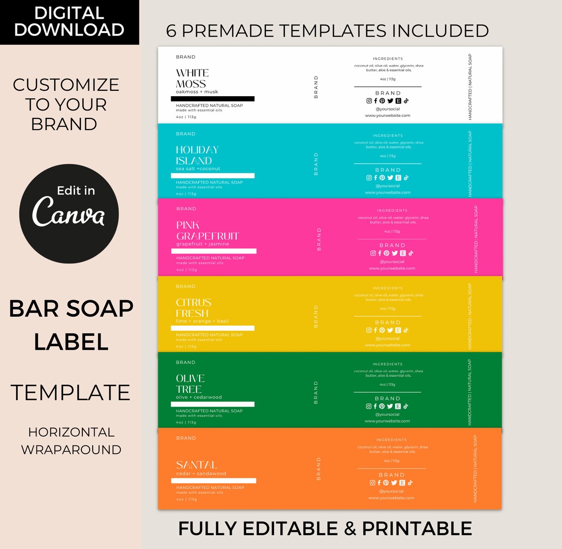 Editable Bar Soap Labels Template Canva Soap Sleeve Labels - Etsy