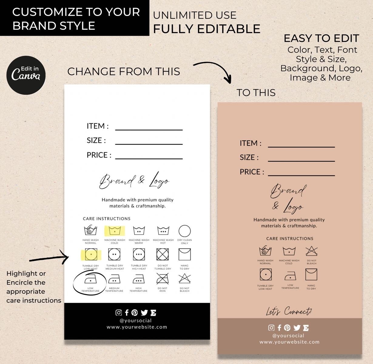 Printable Clothes Label Tags Template Canva, Editable Clothing Care ...