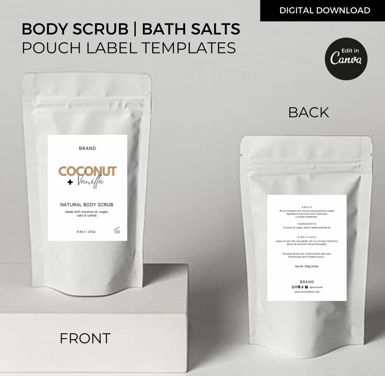 Editable Bath Salts Pouch Labels Template Canva, Printable Body Scrub ...