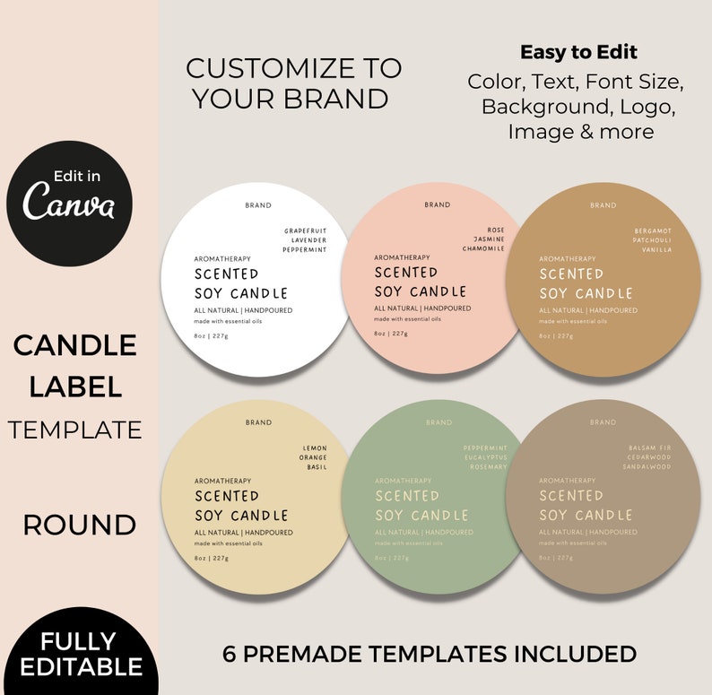 Editable Candle Tin Labels Template Canva, Candle Round Labels, Modern ...