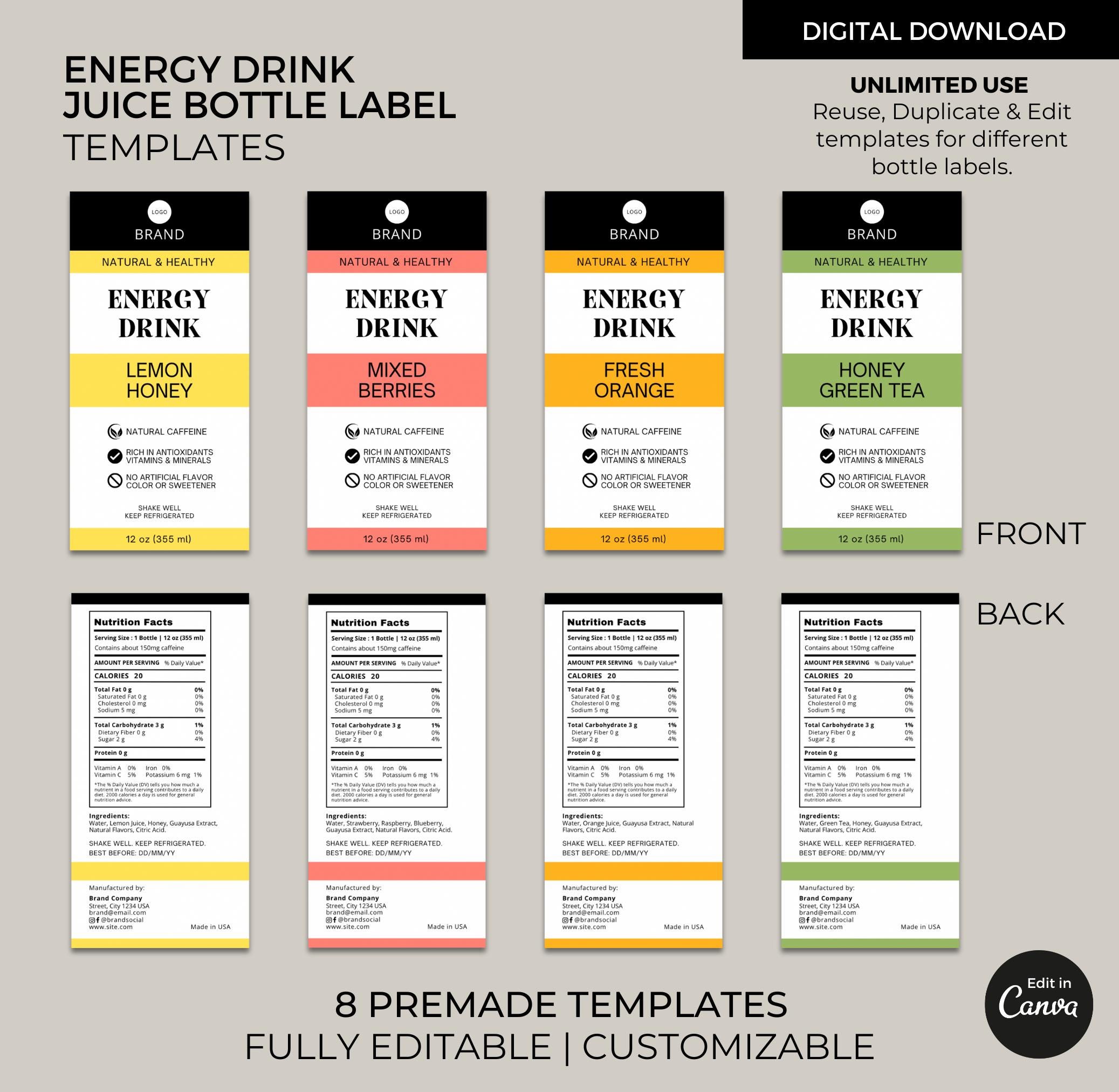 Editable Energy Drink Juice Bottle Labels Template Canva, Fresh Fruit ...