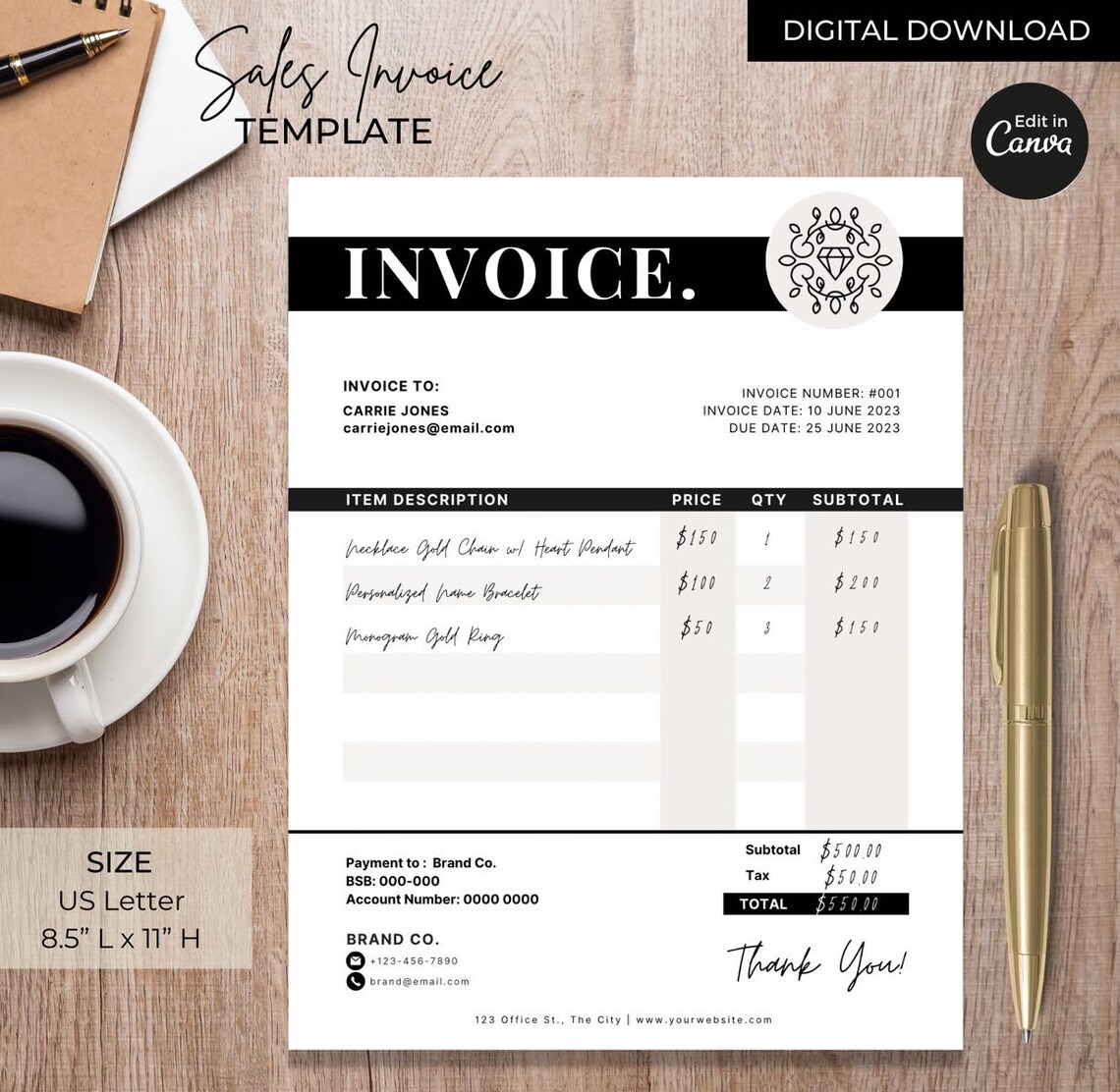 Editable Printable Sales Invoice Template Canva, Editable Payment Forms ...