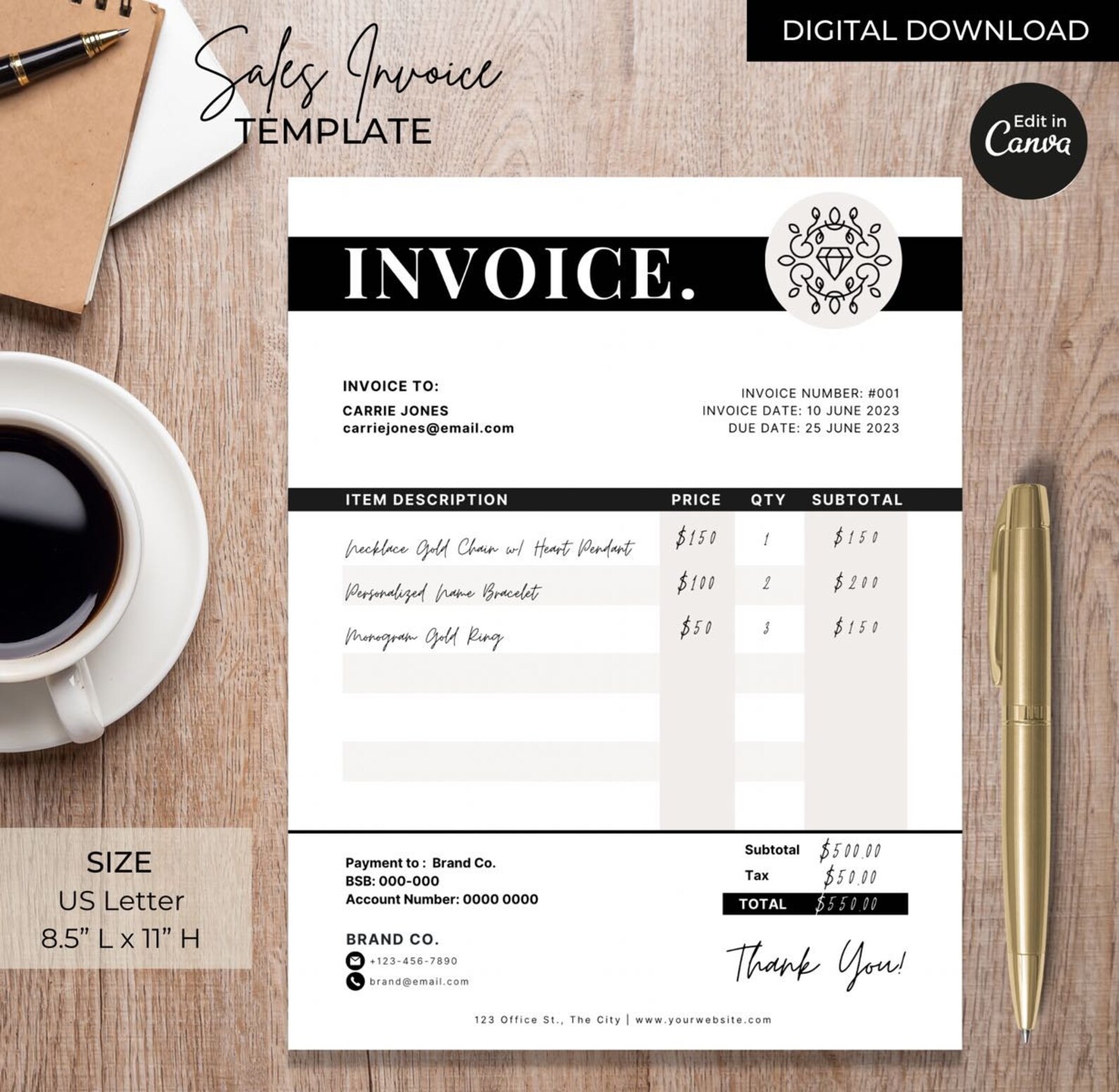 Editable Printable Sales Invoice Template Canva, Editable Payment Forms ...