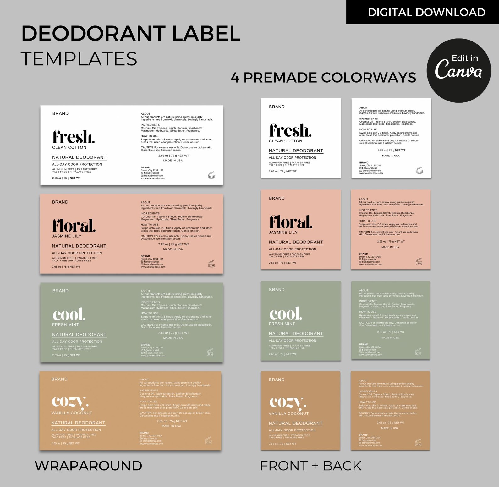Deodorant Labels Template Canva Editable, Printable Deodorant Tube ...