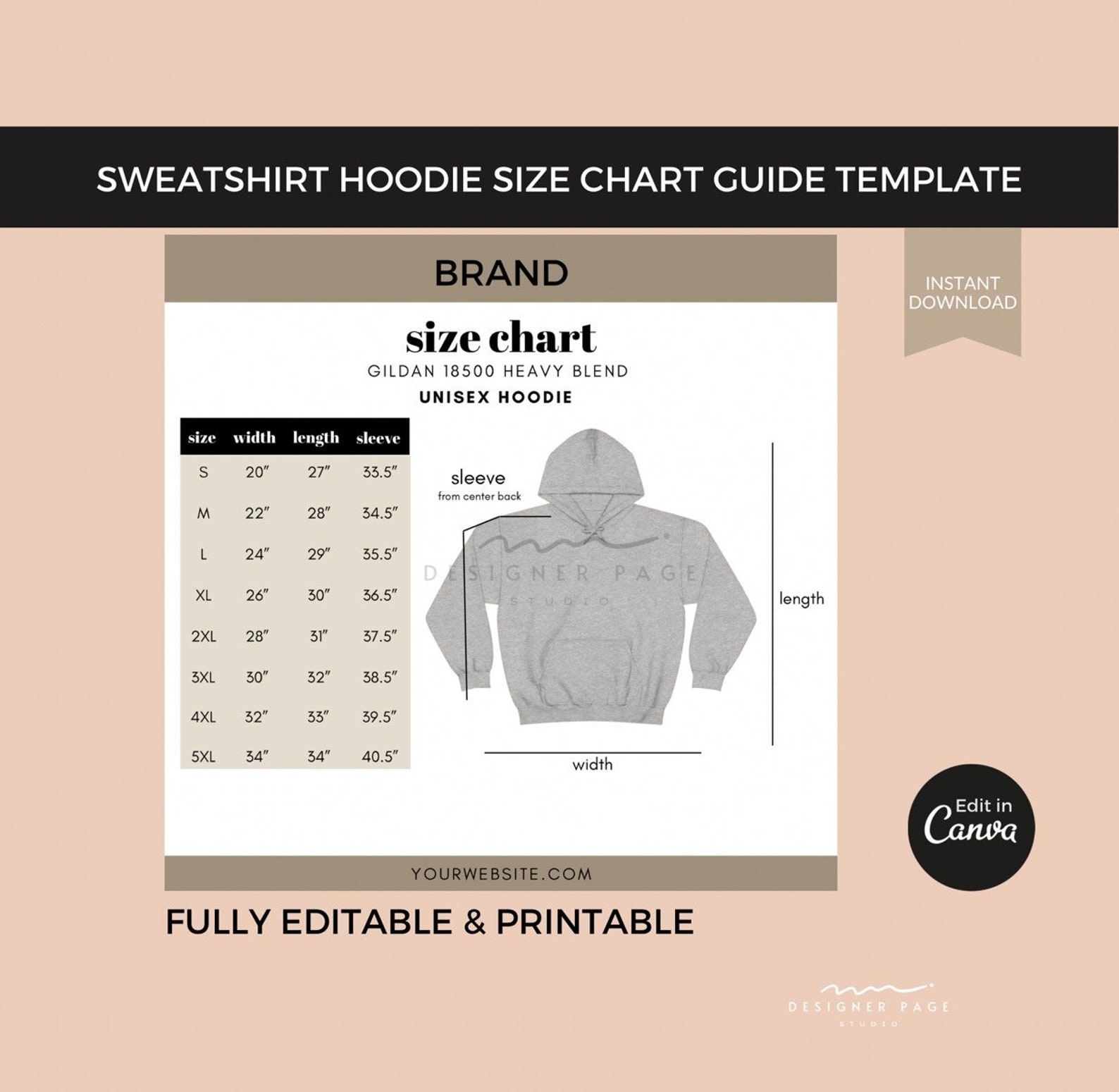 Editable Sweatshirt Hoodie Size Chart Template: Gildan 18500 (canva ...