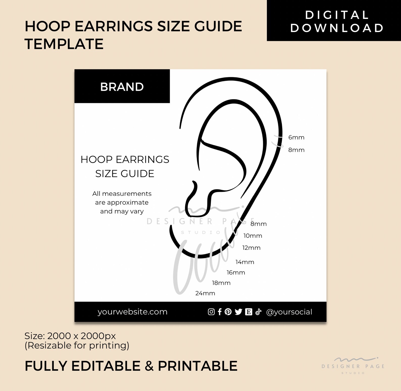 Editable Hoop Earrings Size Chart Template Canva, Printable Earrings ...