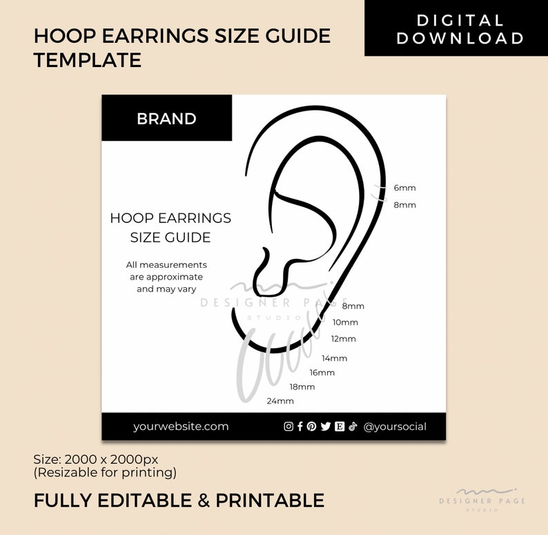 Editable Hoop Earrings Size Chart Template Canva, Printable Earrings ...