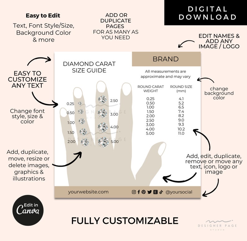 Editable Diamond Carat Size Chart Template Canva, Printable Round ...