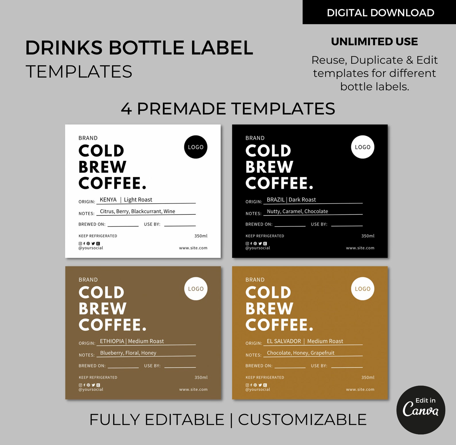 Editable Cold Brew Coffee Bottle Labels Template Canva, Drink Label ...