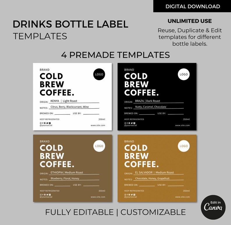Editable Cold Brew Coffee Bottle Labels Template Canva, Drink Label ...