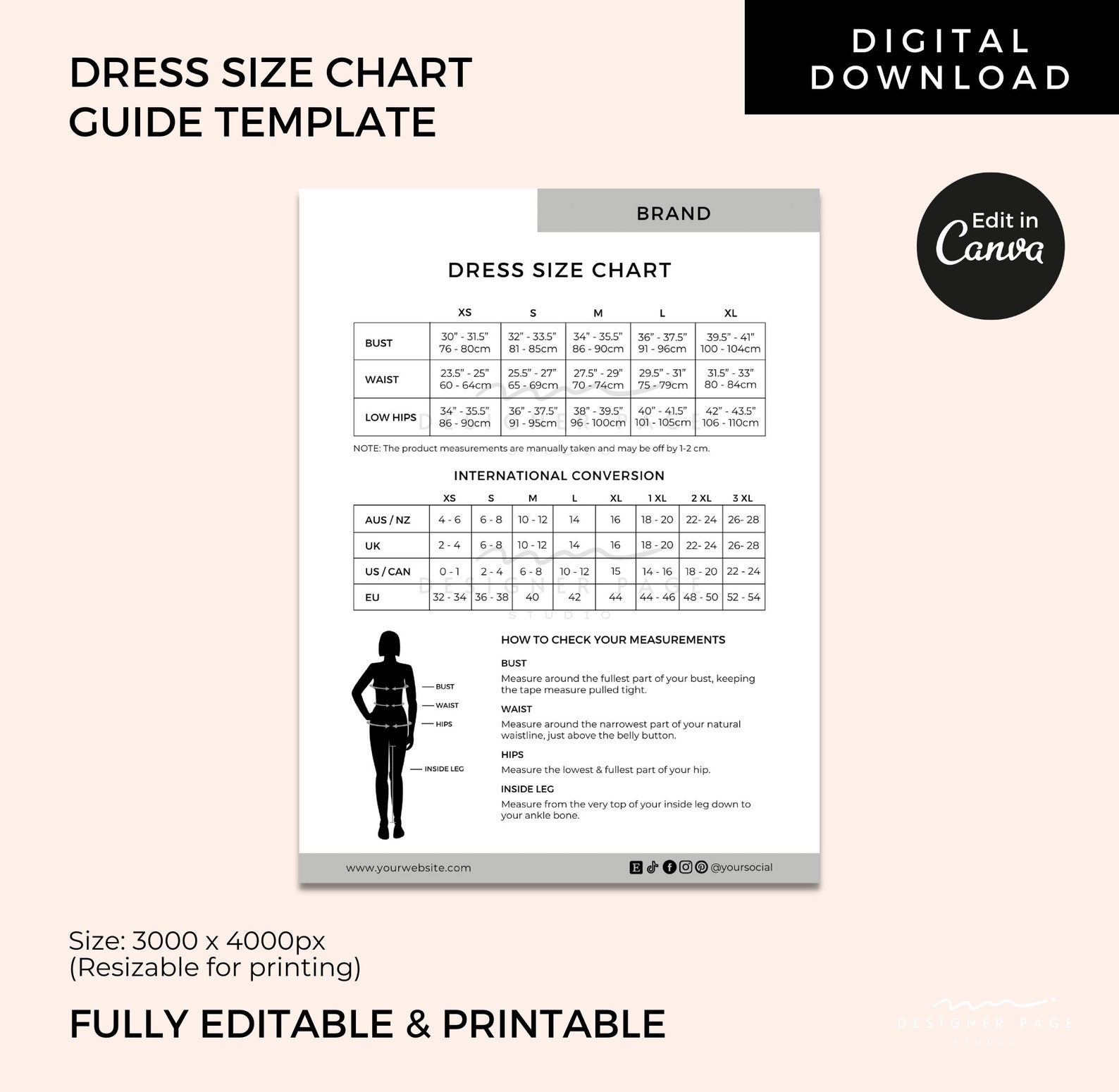 Editable Dress Size Chart Template Canva, Womens Dress Sizes Guide ...