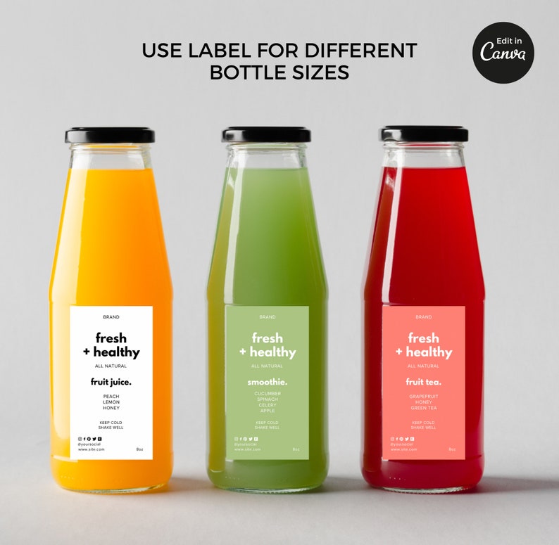 Editable Fruit Juice Bottle Labels Template Canva, Fresh Juice Label ...