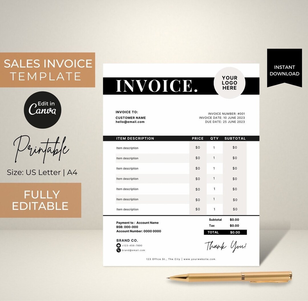 Editable Printable Sales Invoice Template Canva, Editable Payment Forms ...
