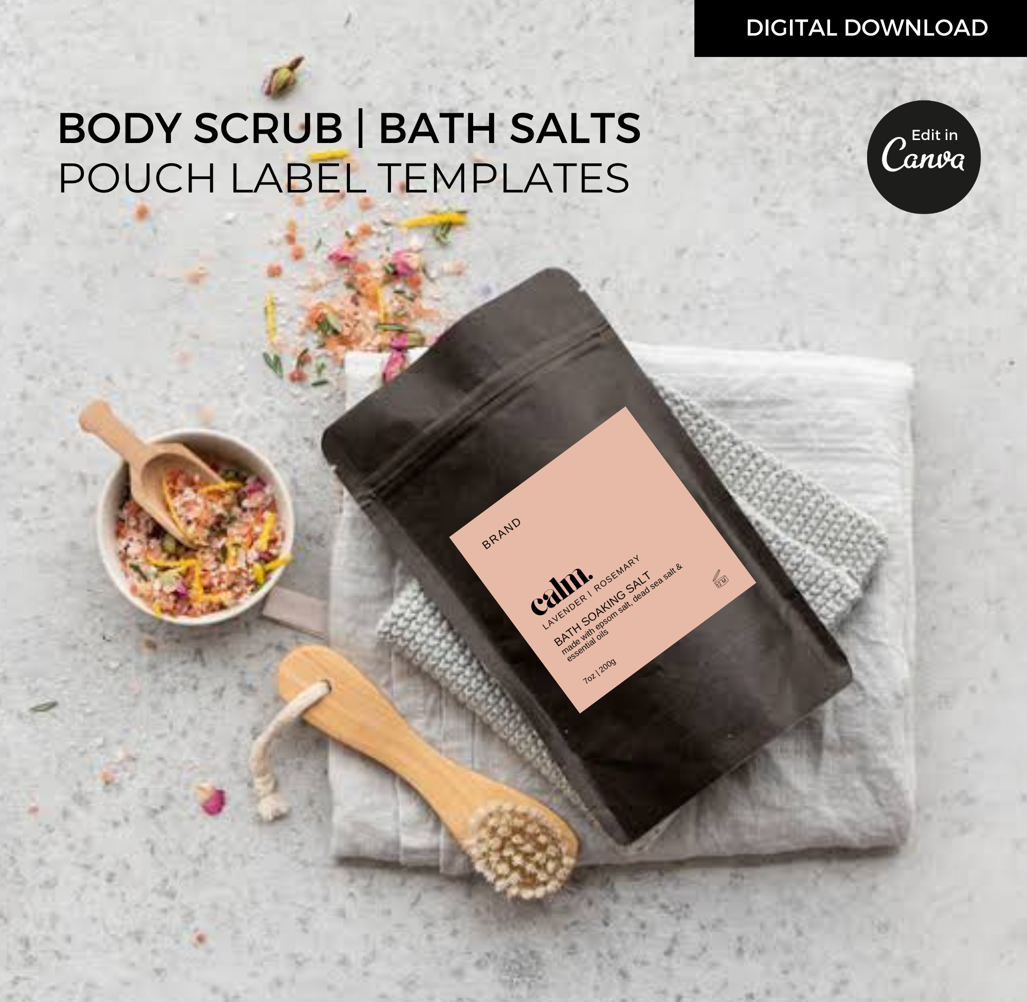 Bath Salts Pouch Label Template Editable Canva, Printable Body Scrub ...