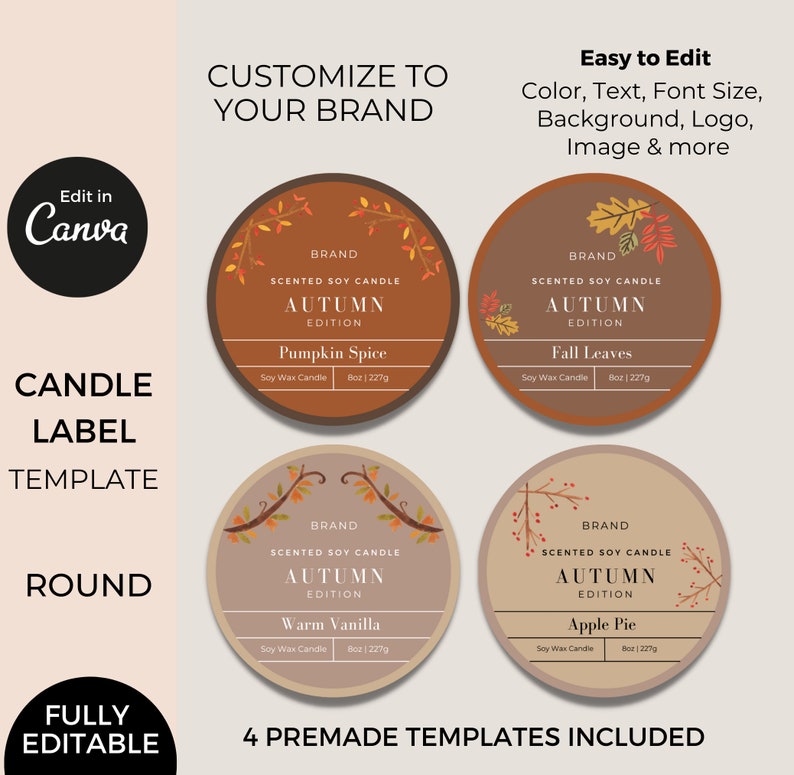 Autumn Candle Tin Labels Template Canva, Candle Label Stickers Editable ...