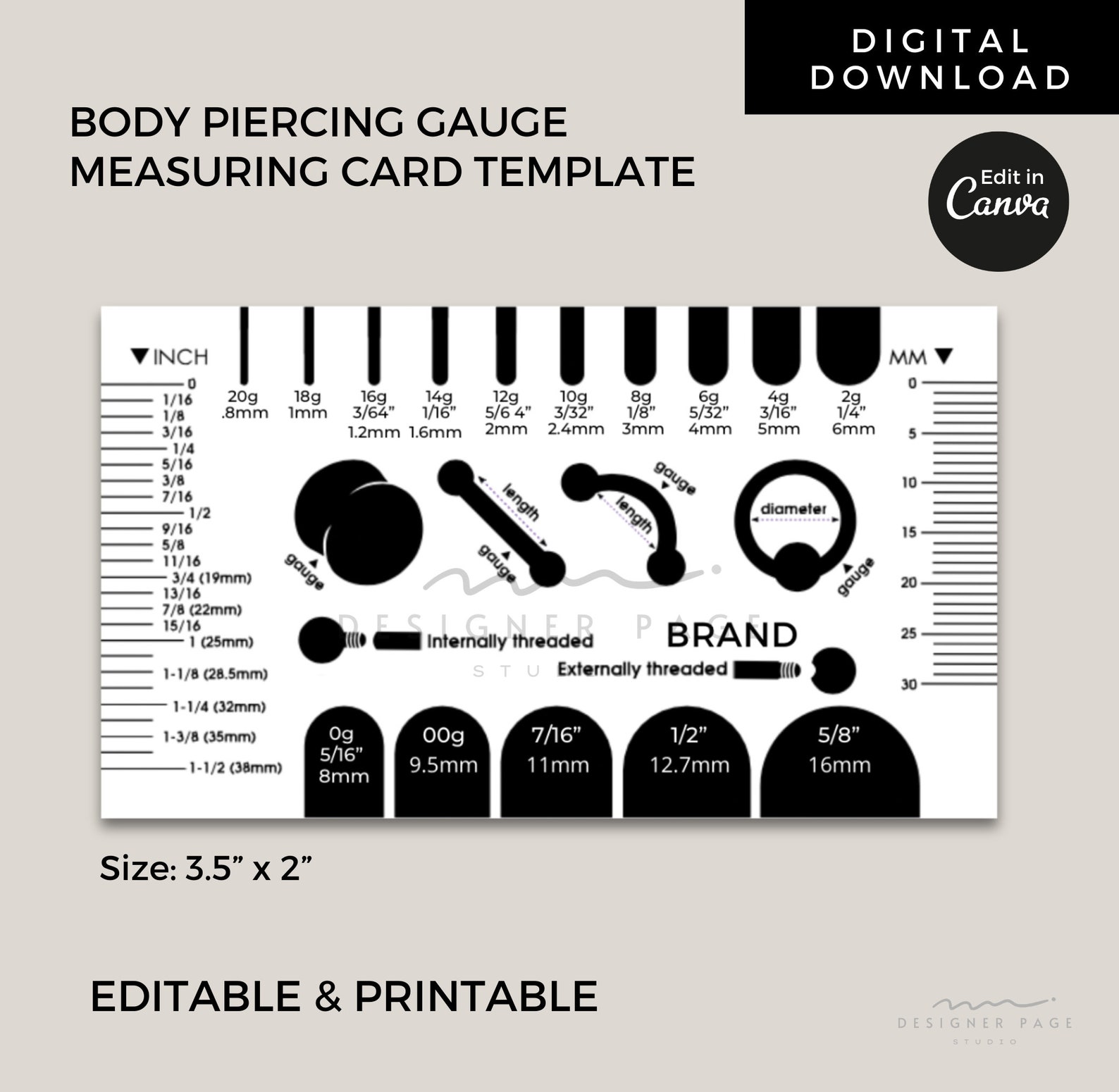 Editable Body Jewelry Piercing Gauge Measurement Card Template Canva ...