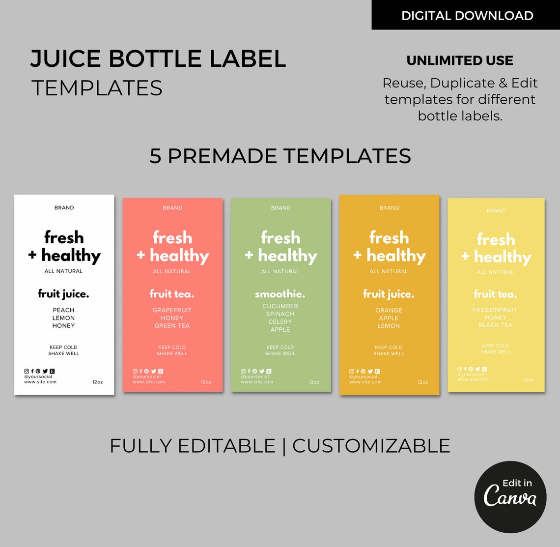 Editable Fruit Juice Bottle Labels Template Canva, Fresh Juice Label ...
