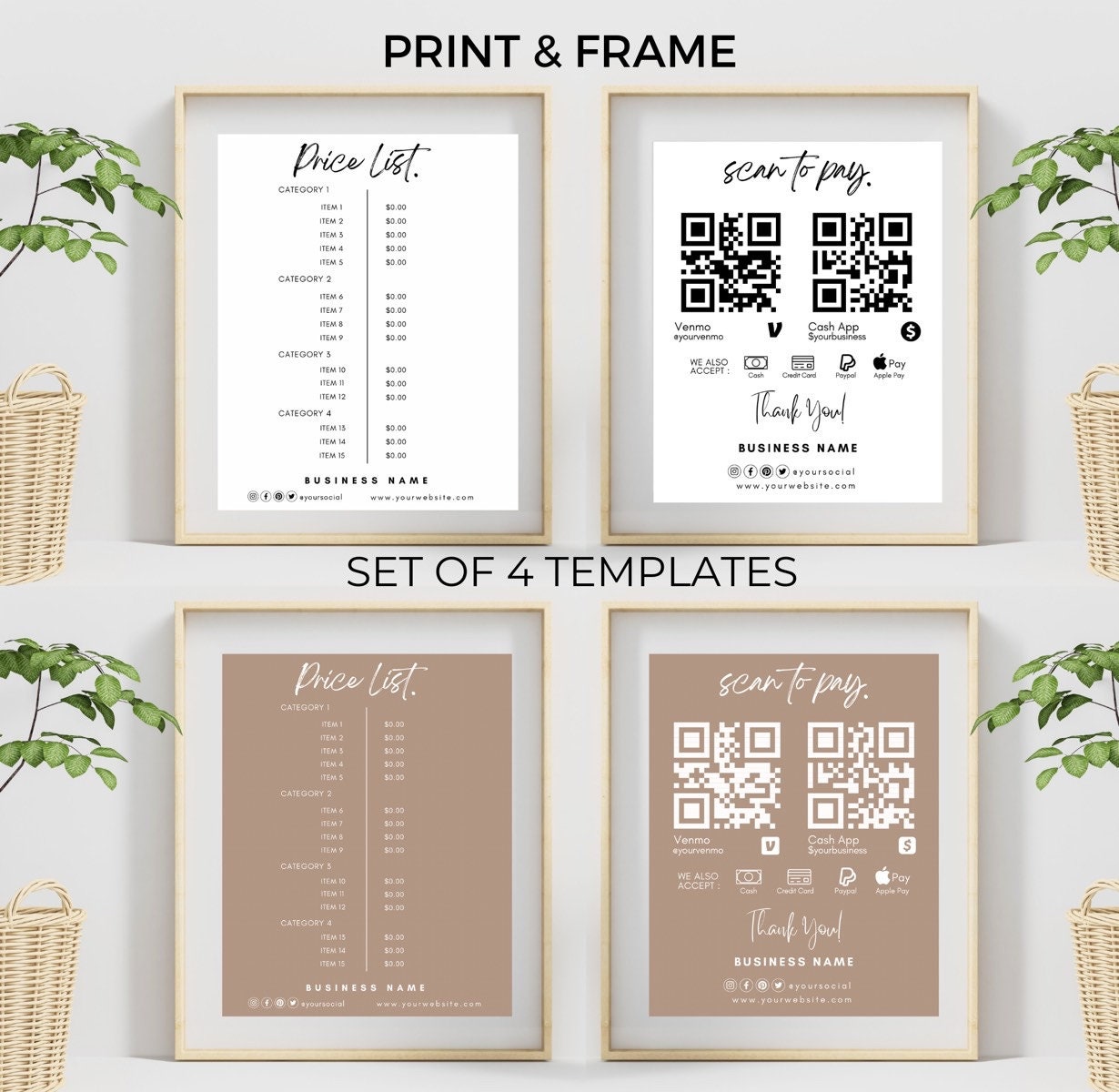 Price List Template Editable, Printable Payment Sign Card Set, Price ...