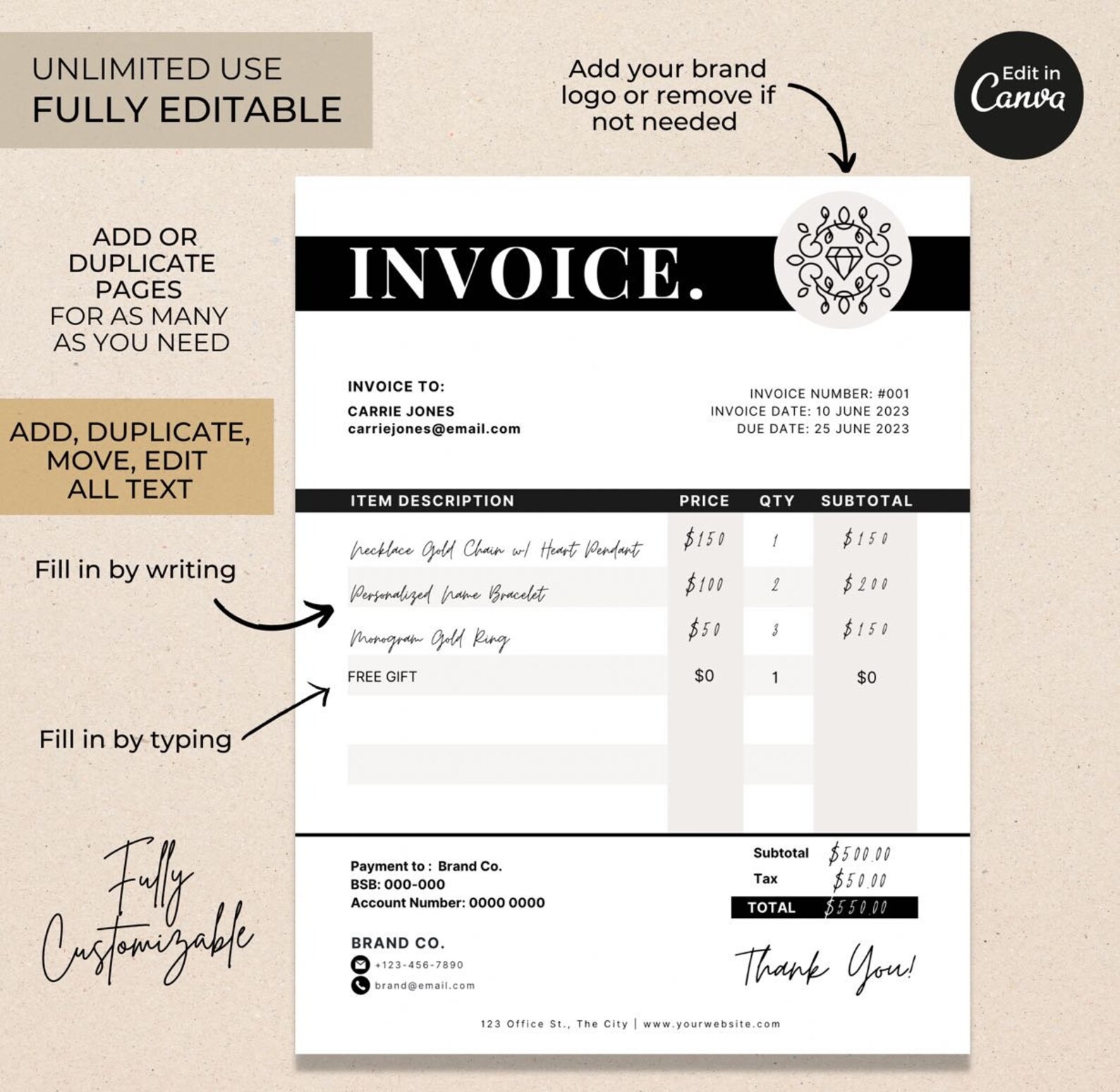 Editable Printable Sales Invoice Template Canva, Editable Payment Forms ...