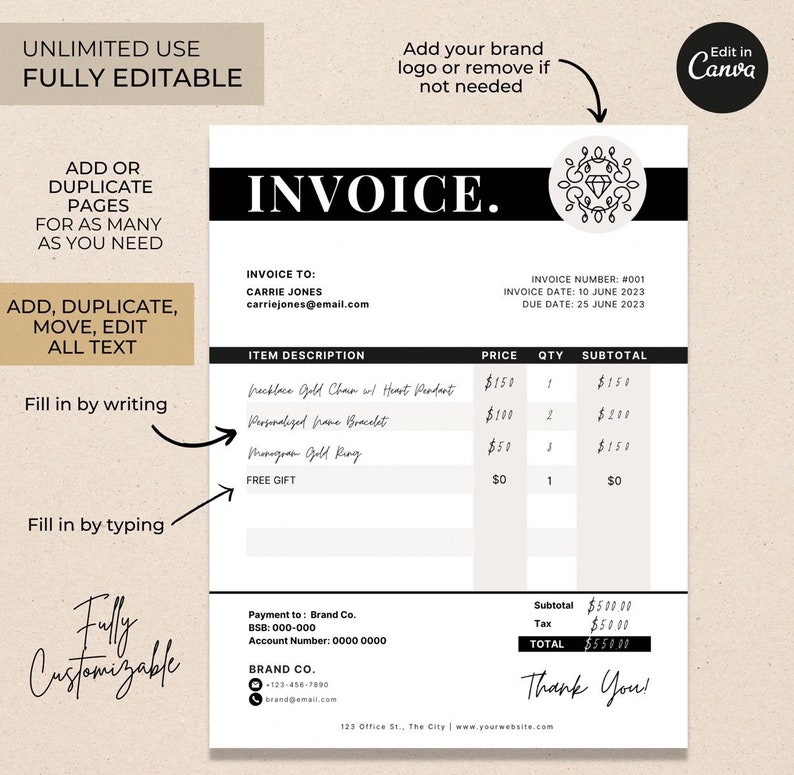 Editable Printable Sales Invoice Template Canva, Editable Payment Forms ...