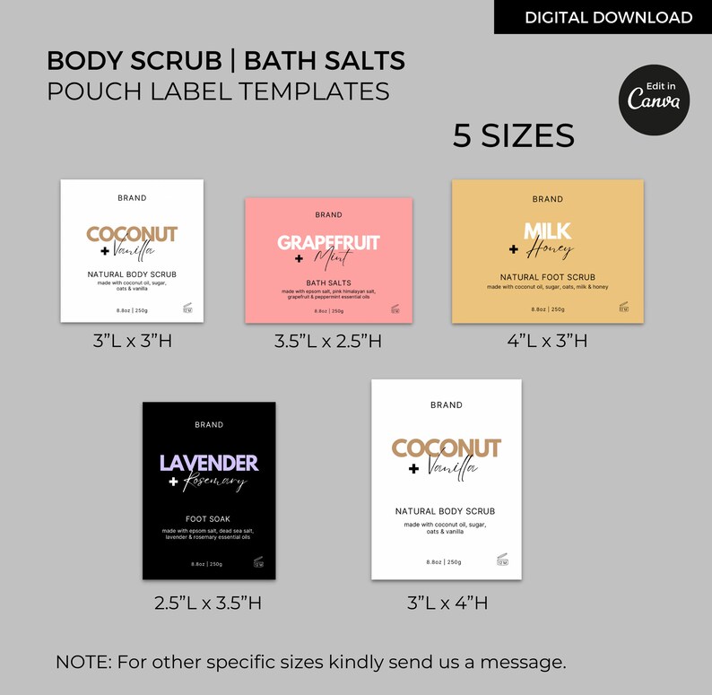 Editable Bath Salts Pouch Labels Template Canva, Printable Body Scrub ...