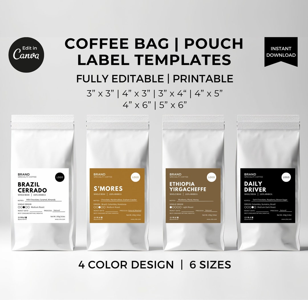 Editable Coffee Bag Labels Template Canva, Coffee Beans Pouch Label ...