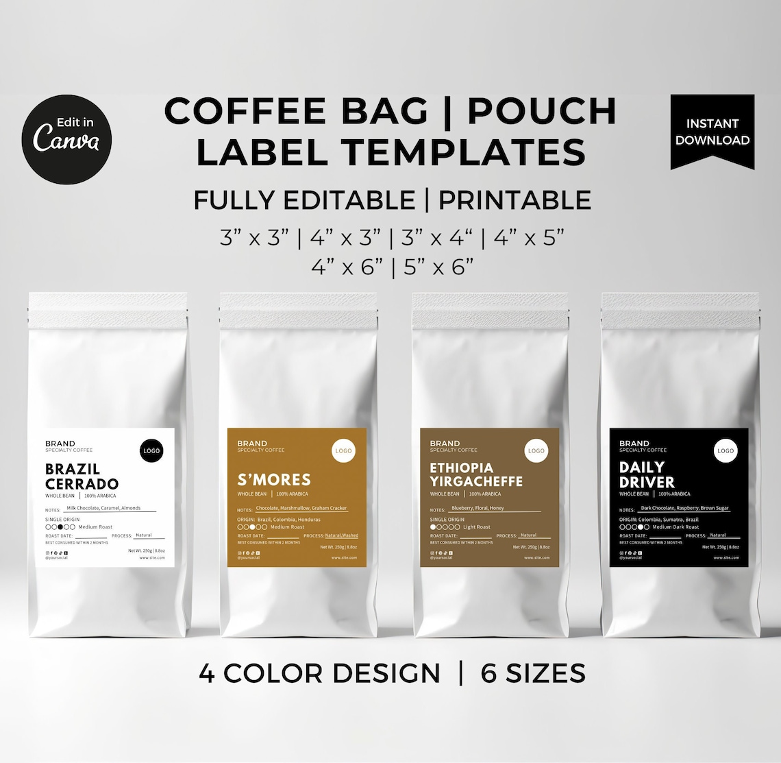 Editable Coffee Bag Labels Template Canva, Coffee Beans Pouch Label ...