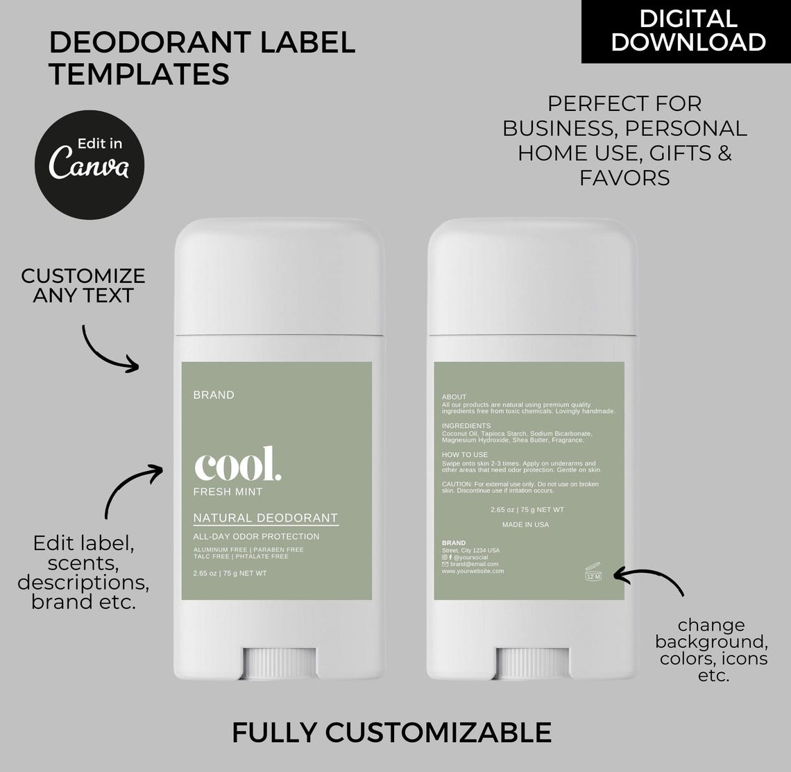 Deodorant Labels Template Canva Editable, Printable Deodorant Tube ...