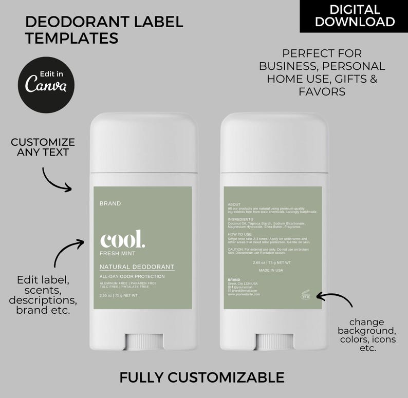 Deodorant Labels Template Canva Editable, Printable Deodorant Tube ...