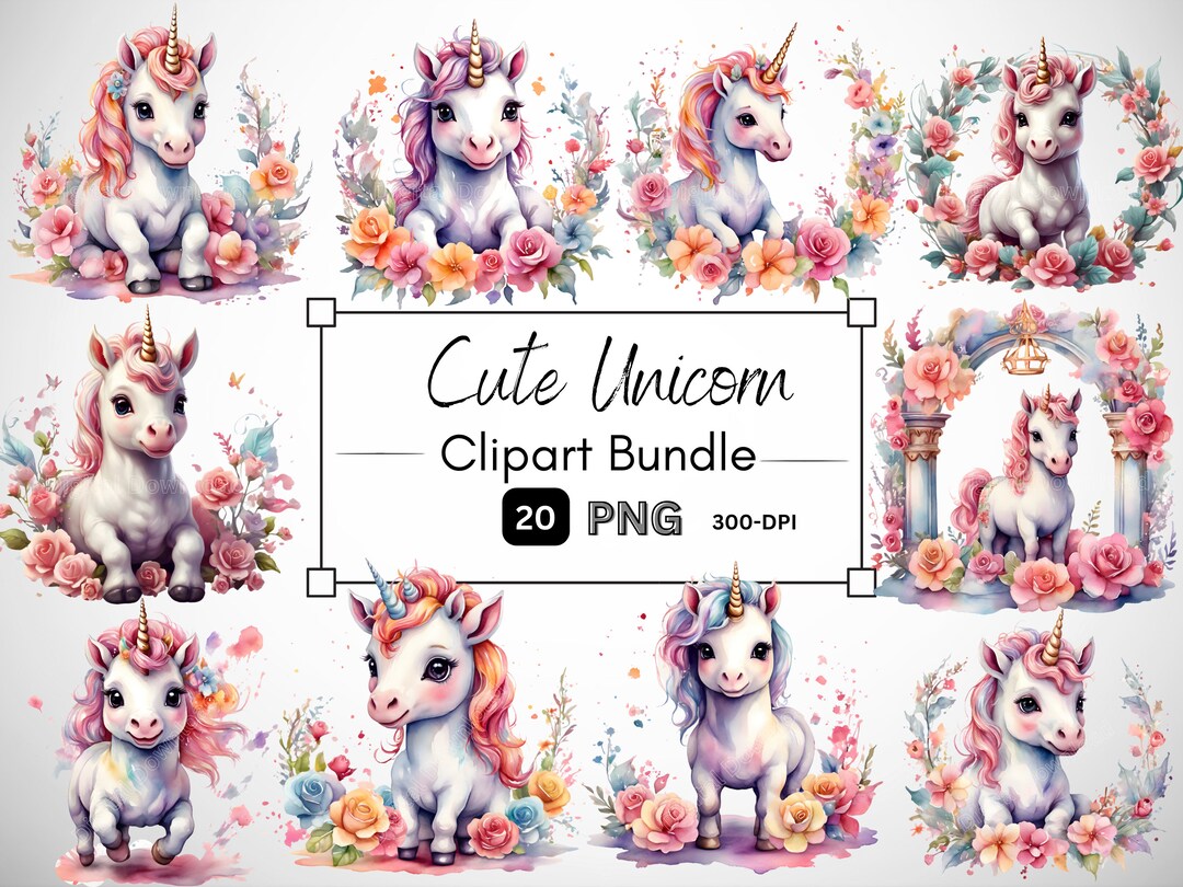 Watercolor Unicorn Clipart Bundle, Cute Unicorn Clipart, Magic Unicorn ...
