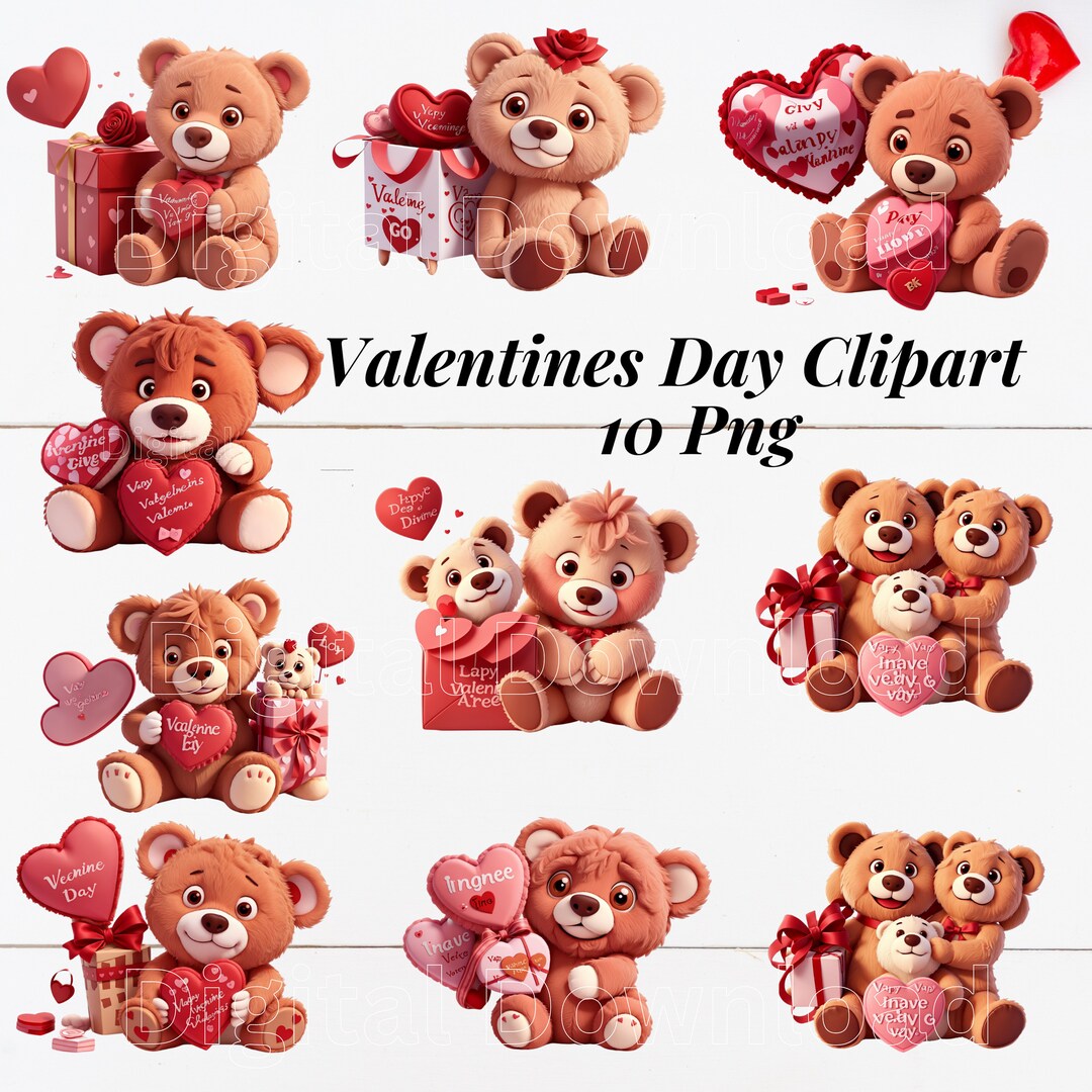 Valentines Teddy Bear Clipart, Sweet Valentines Clipart, Watercolor ...