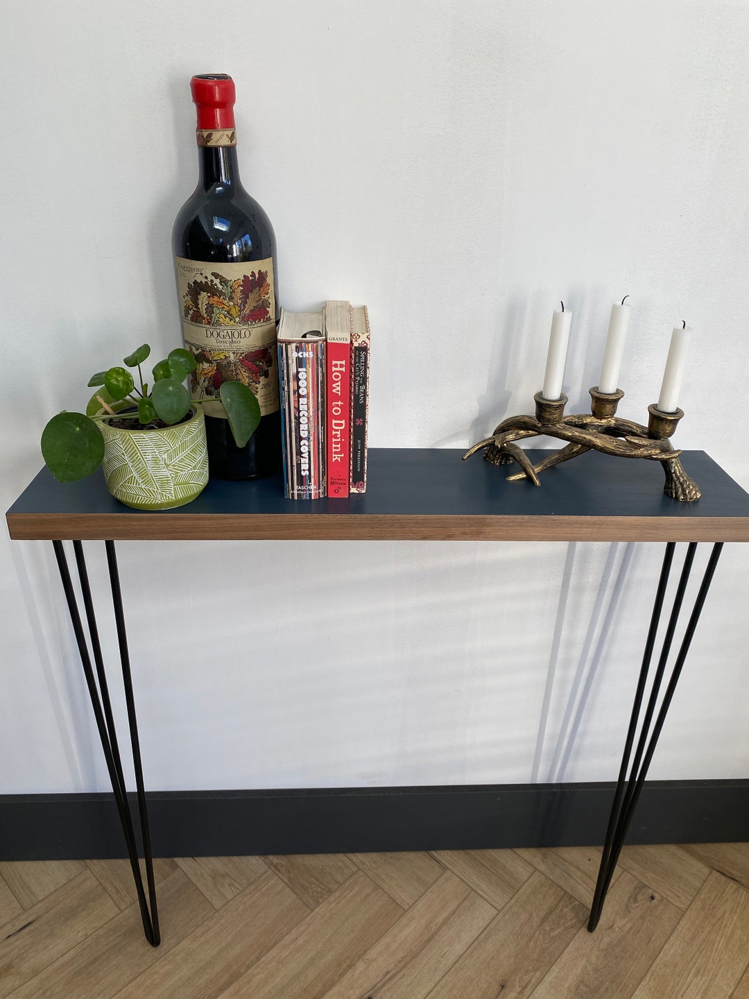 Wooden Consul Table Shelf Dark Blue With Walnut Edges - Etsy