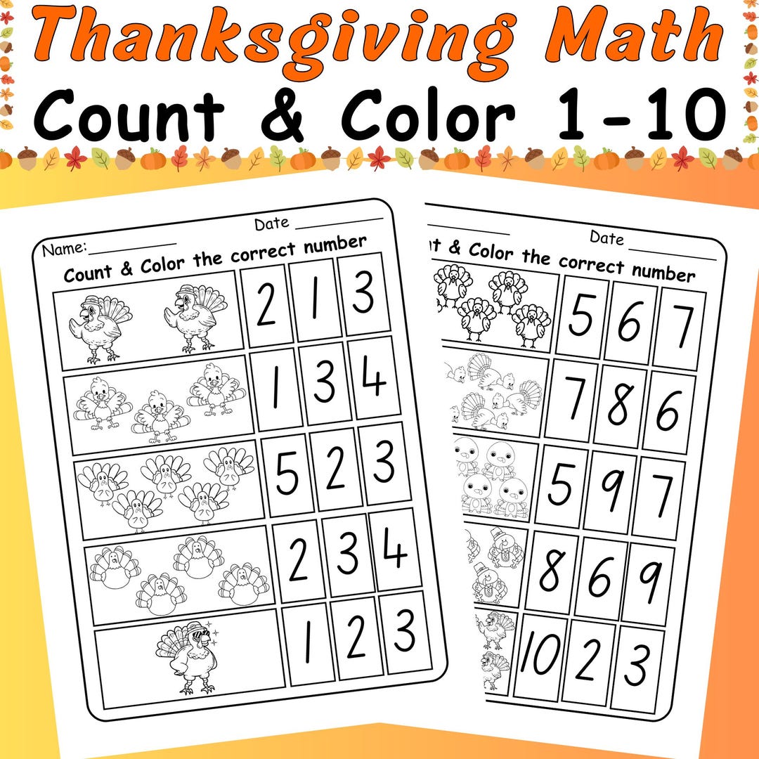Thanksgiving Turkey Count and Color Worksheets 1-10 (printable) - Etsy