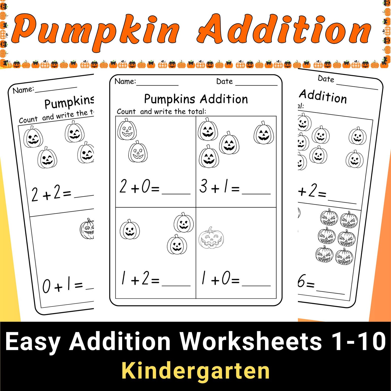 Halloween Pumpkin Addition Worksheets: Preschool and Kindergarten Math ...