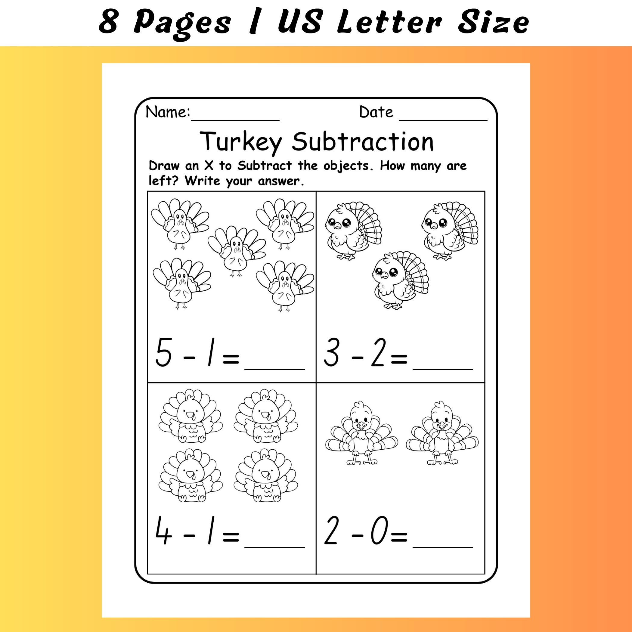 Turkey Subtraction Worksheets | Thanksgiving Math Activities (PDF) - Etsy