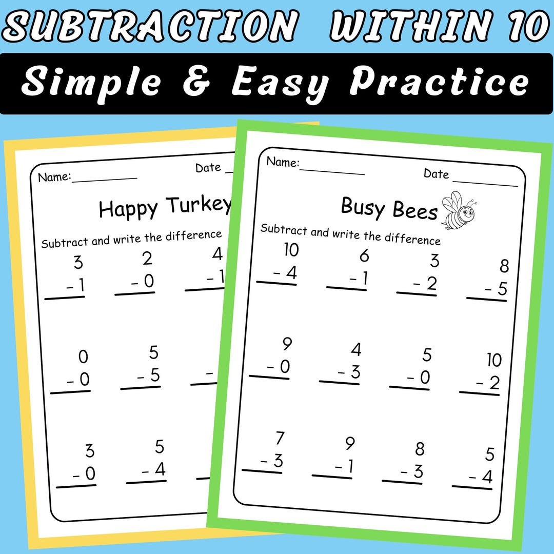 Simple Subtraction Worksheets Within 10 | Kindergarten Math Practice ...