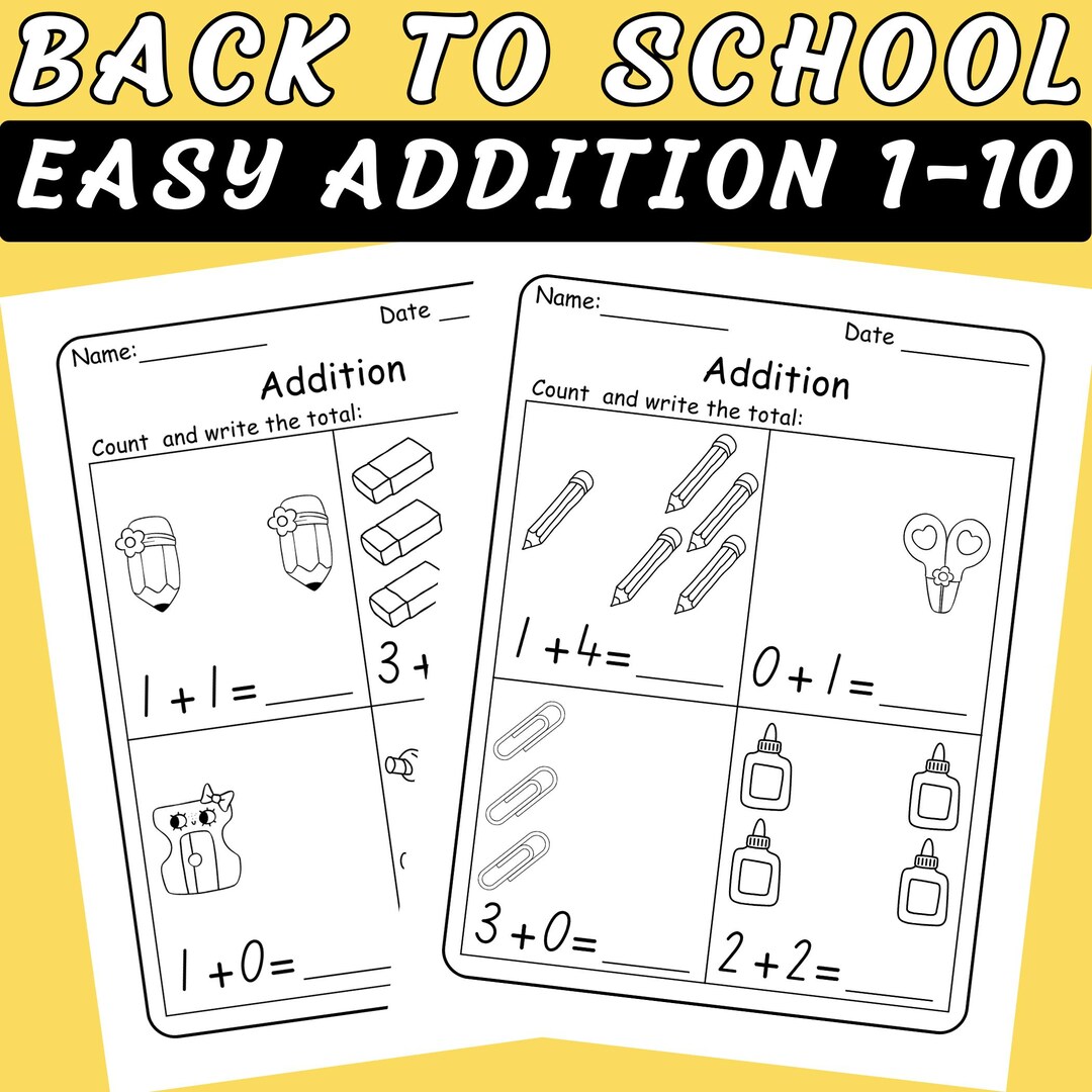 Back to School Addition Worksheets | Simple 1 Digit Addition Within 10 ...