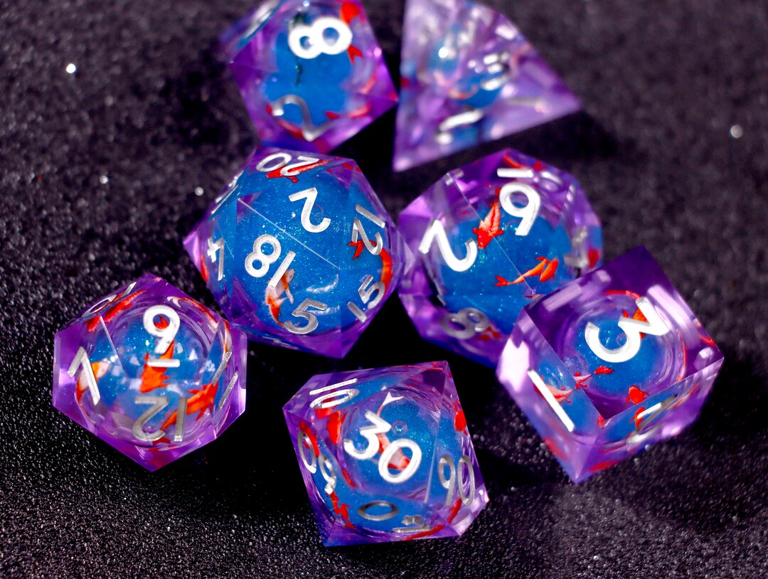 Purple Blue Koi Fish Liquid Core Dice Set, Blue Koi Fish Dnd Dice Set ...