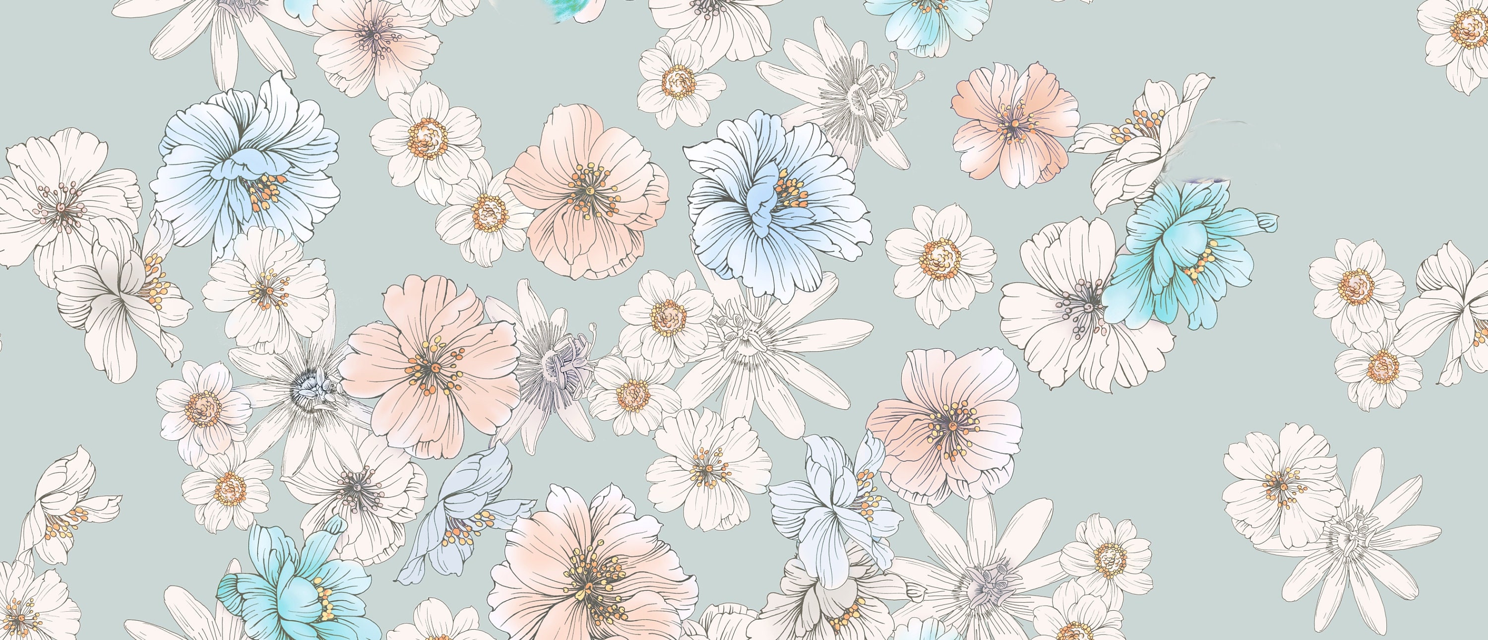 Floral Wallpaper, Pastel Colour Flowers Wall Mural, Self Adhesive Room ...