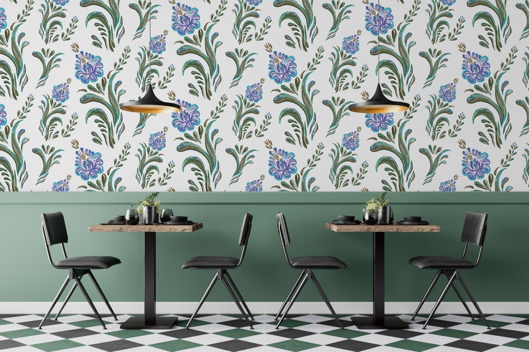 Modern Blue Floral Wallpaper, Elegant Design With Green Leaves ...