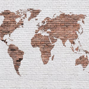 World Map on Brick Background Wallpaper, Peel and Stick World Map Wall ...